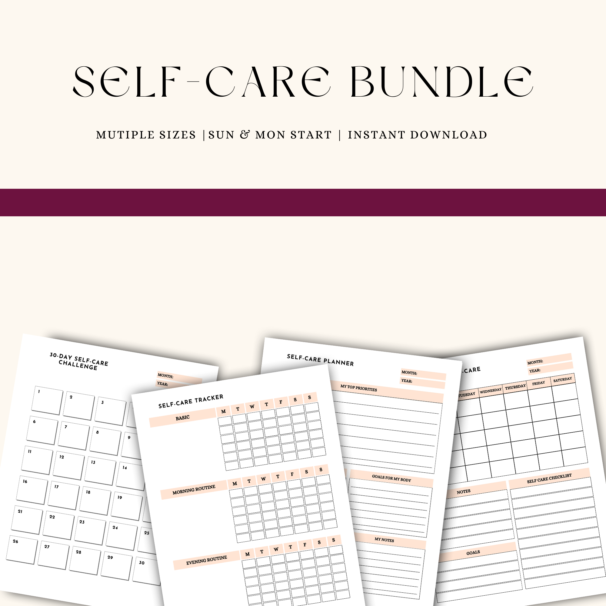 Self-Care Bundle | Checklist Printable | Daily Wellness Tracker ...