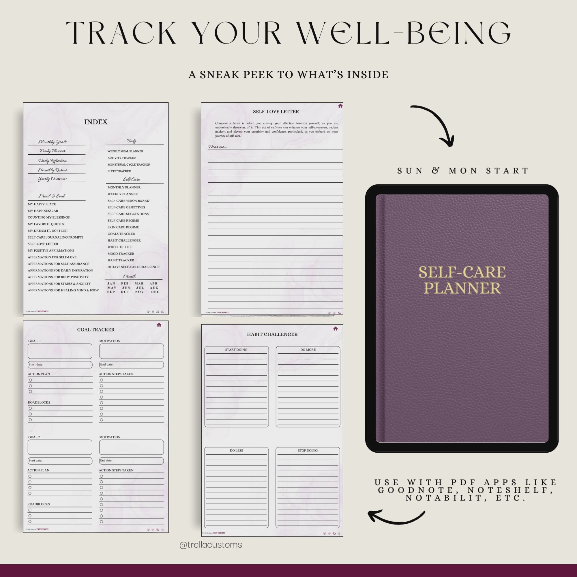Undated Self-Care Planner | Goodnotes | Digital Planner – Trella Customs